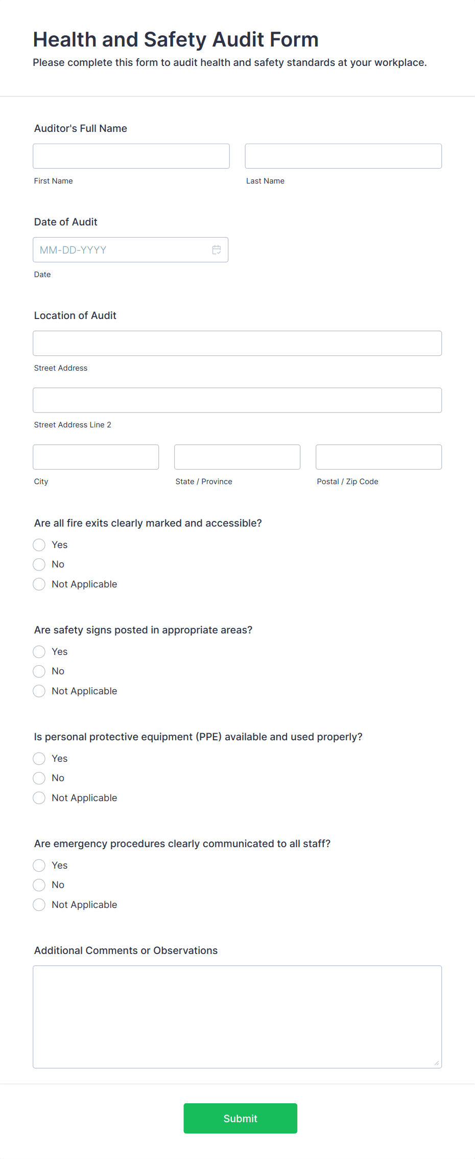 Health and Safety Audit Form Template | Jotform