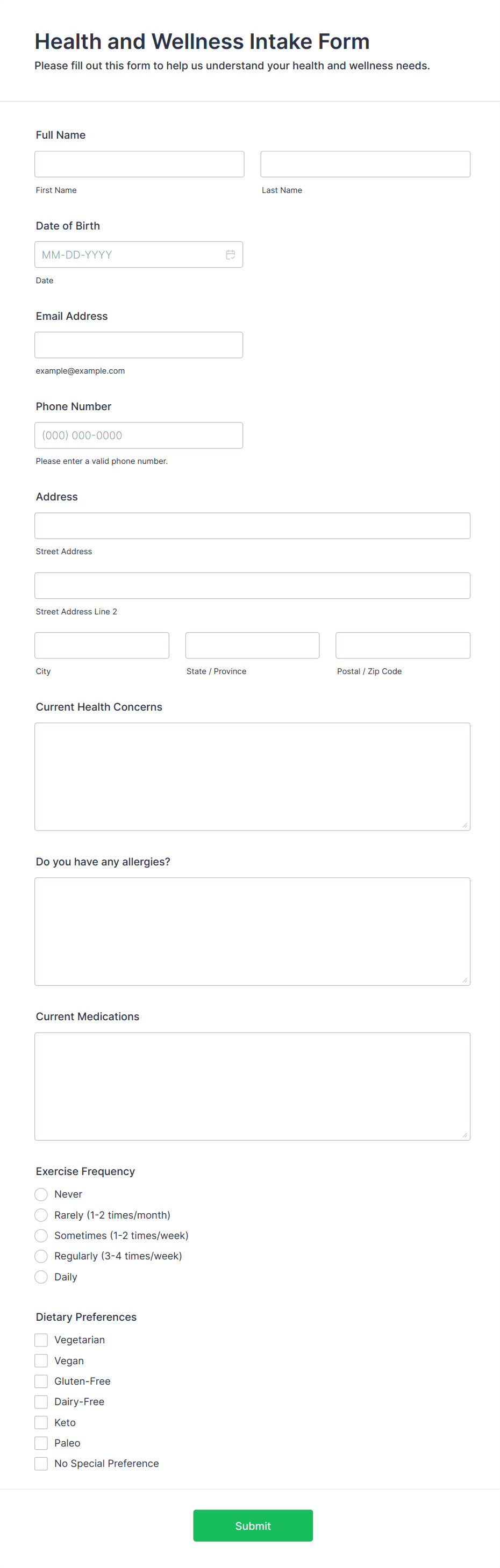 Health and Wellness Intake Form Template | Jotform