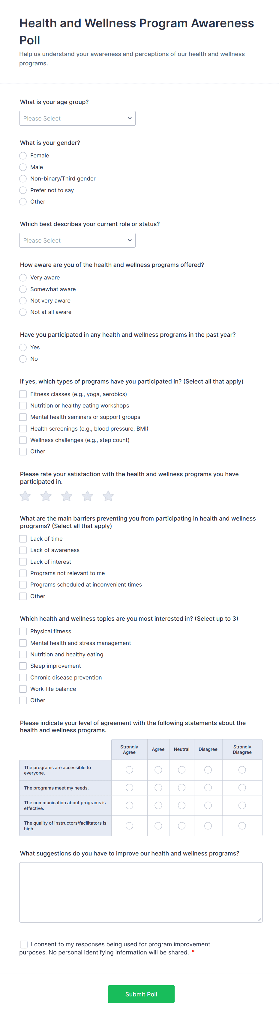 Health and Wellness Program Awareness Poll Form Template | Jotform