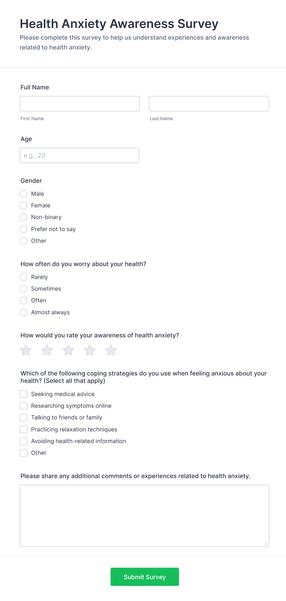 Health Anxiety Awareness Survey Form Template | Jotform