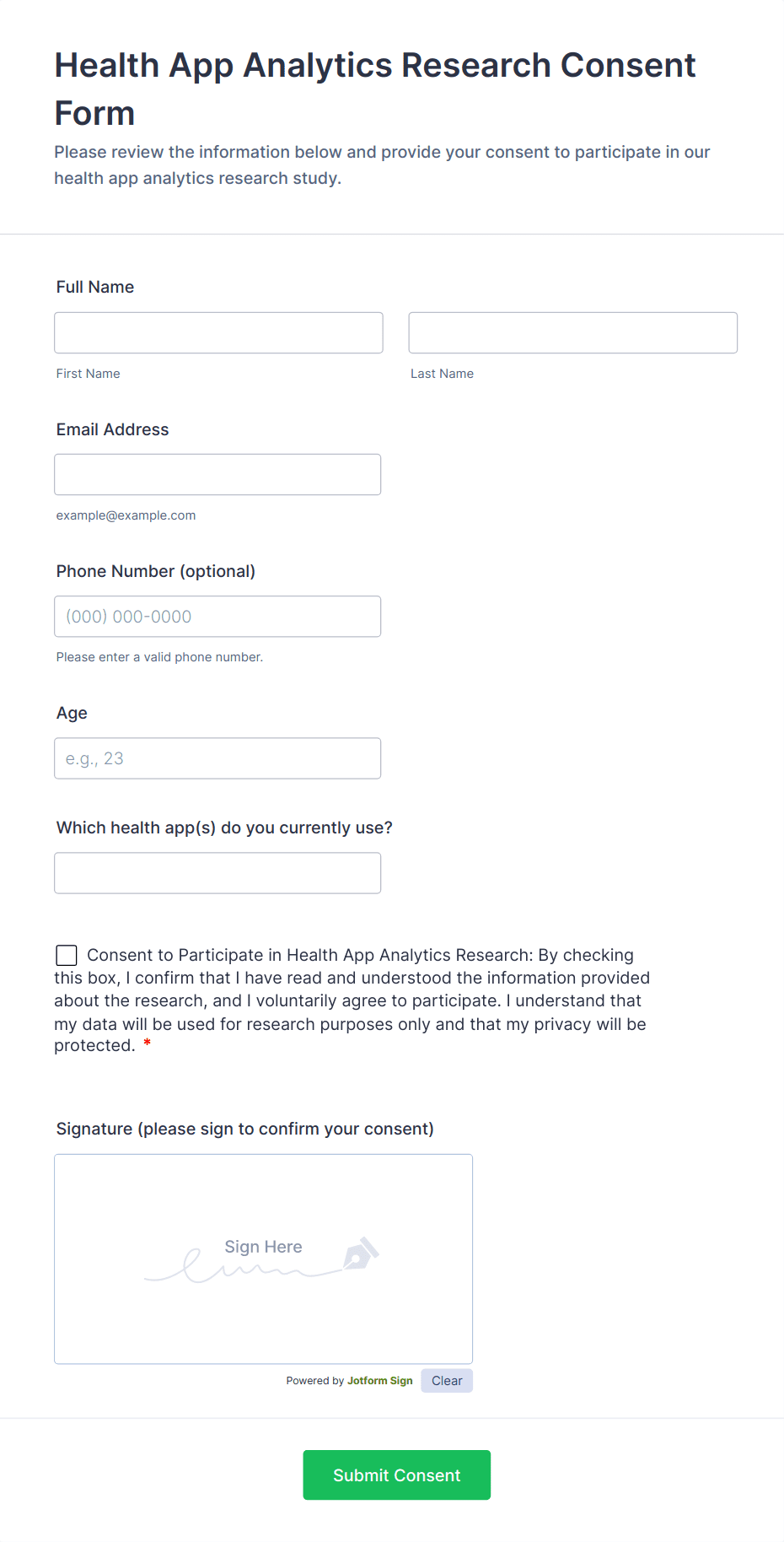 Health App Analytics Research Consent Form Template | Jotform