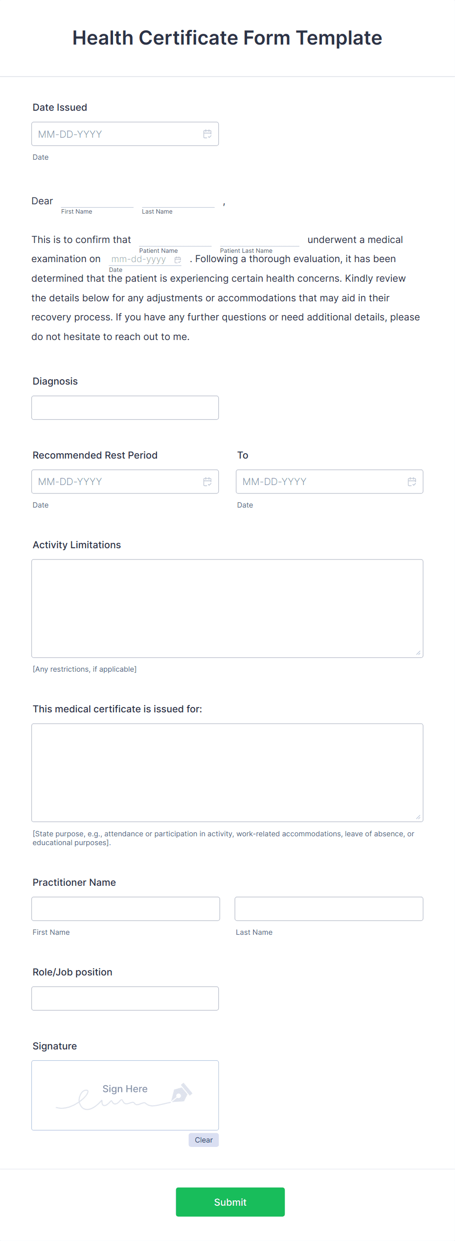 Health Certificate Form Template | Jotform