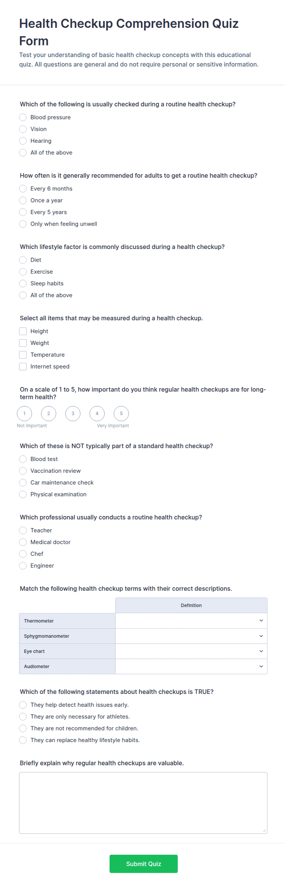 Health Checkup Comprehension Quiz Form Template | Jotform