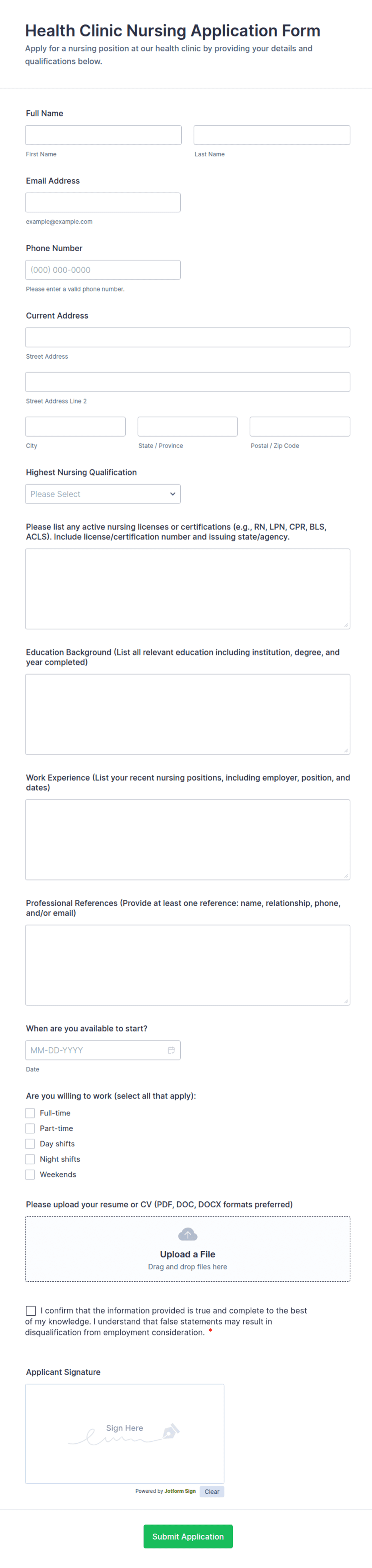 Health Clinic Nursing Application Form Template | Jotform