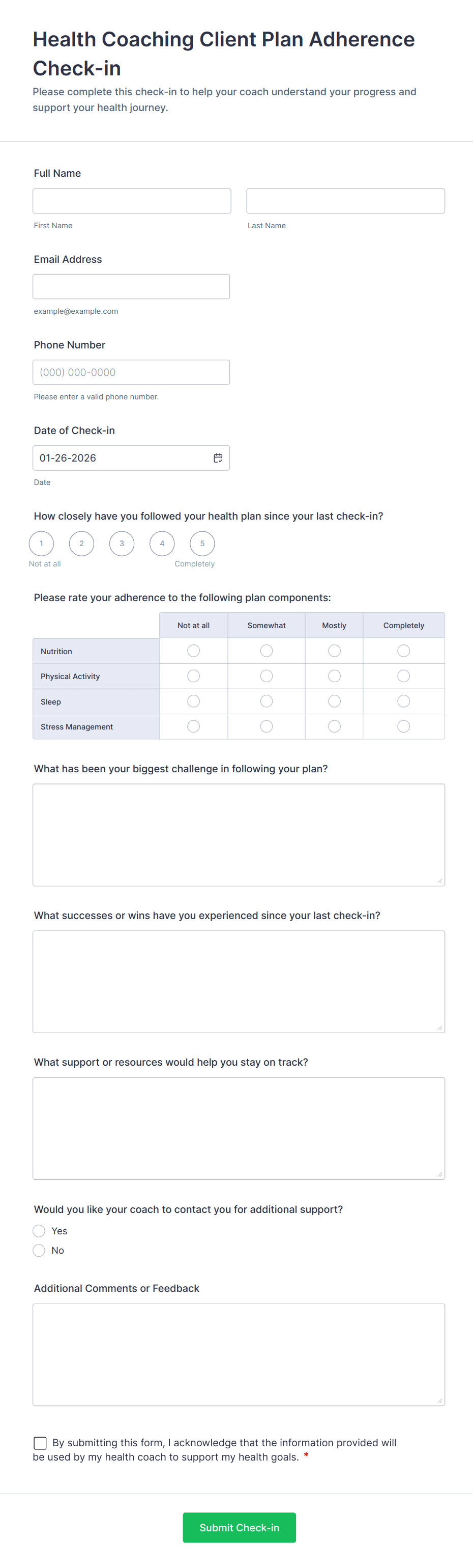 Health Coaching Client Plan Adherence Check-in Form Template | Jotform