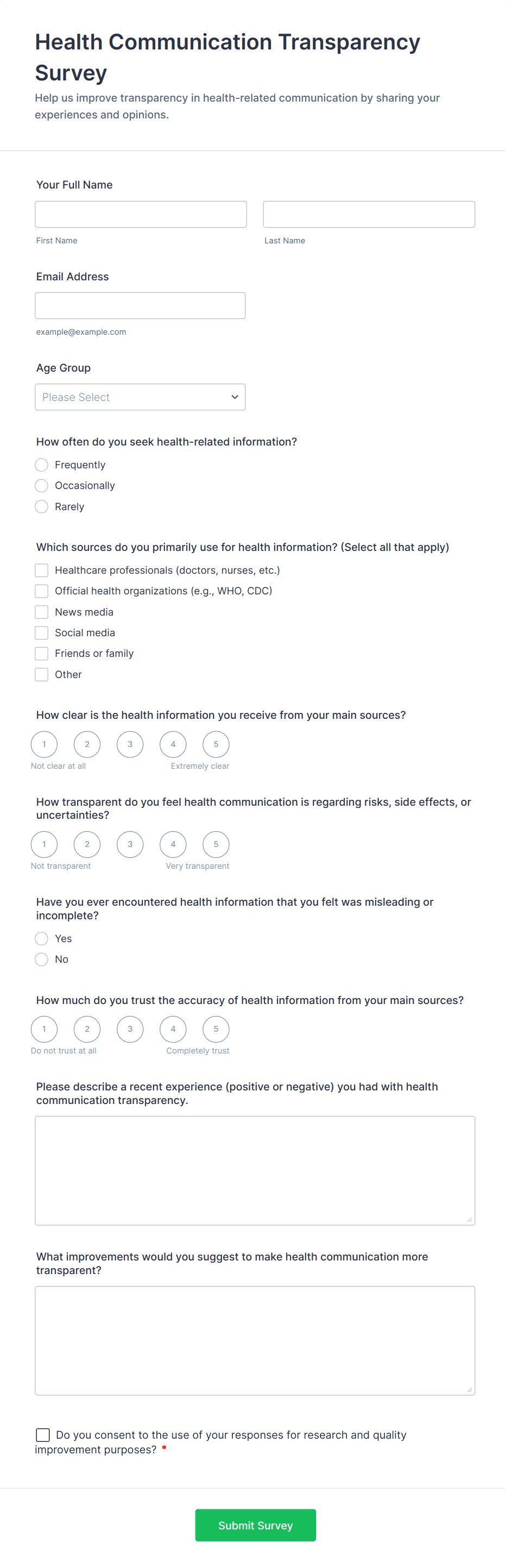 Health Communication Transparency Survey Form Template | Jotform