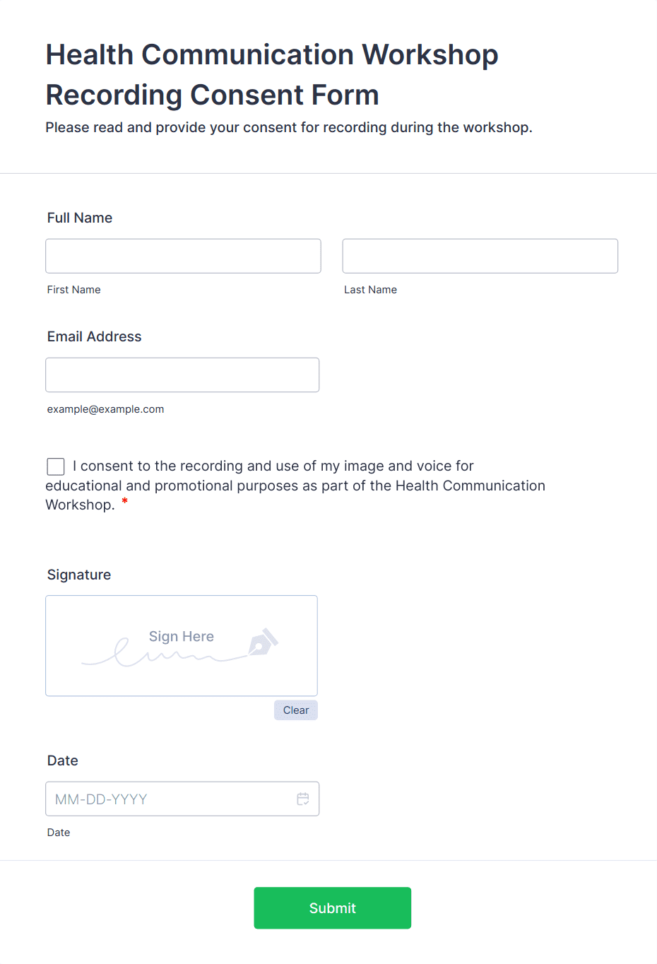 Health Communication Workshop Recording Consent Form Template | Jotform