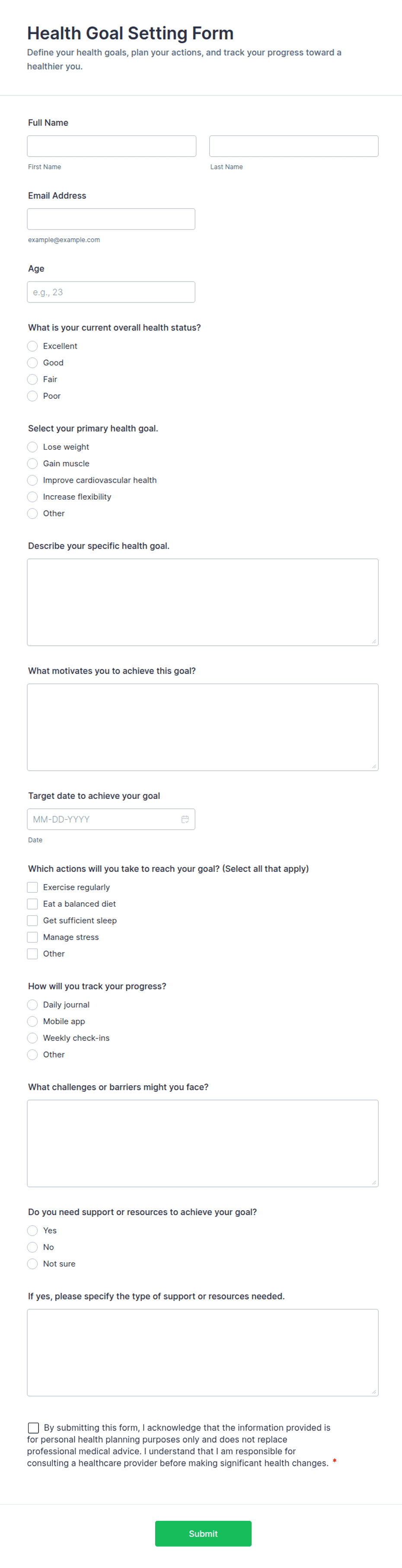 Health Goal Setting Form Template | Jotform