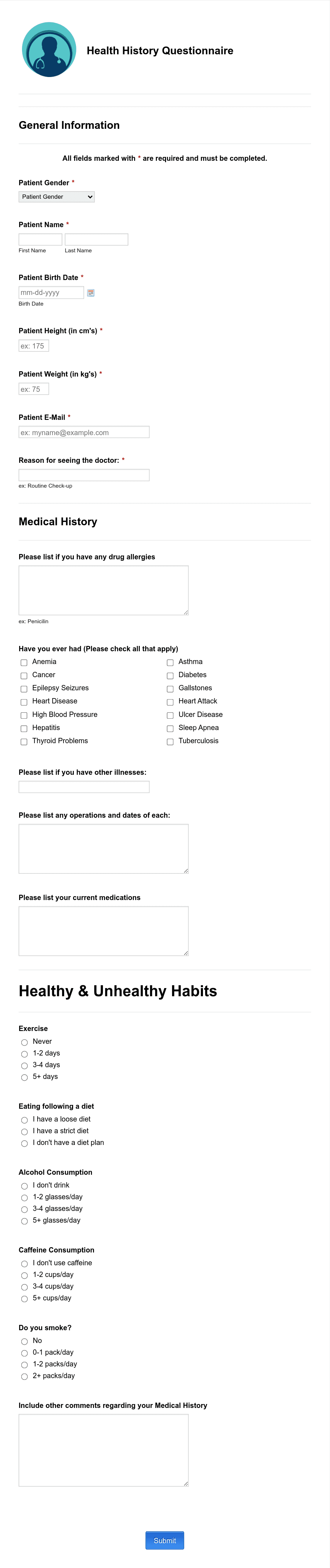 Health History Questionnaire Form Template | Jotform