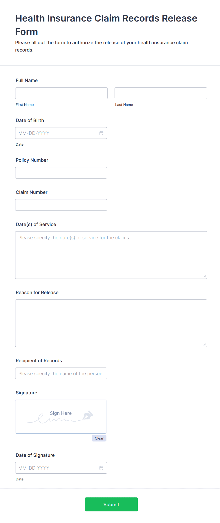 Health Insurance Claim Records Release Form Template | Jotform