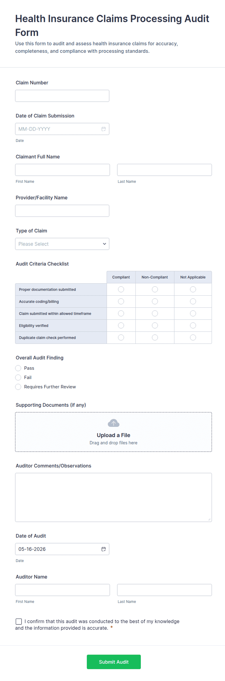 Health Insurance Claims Processing Audit Form Template | Jotform