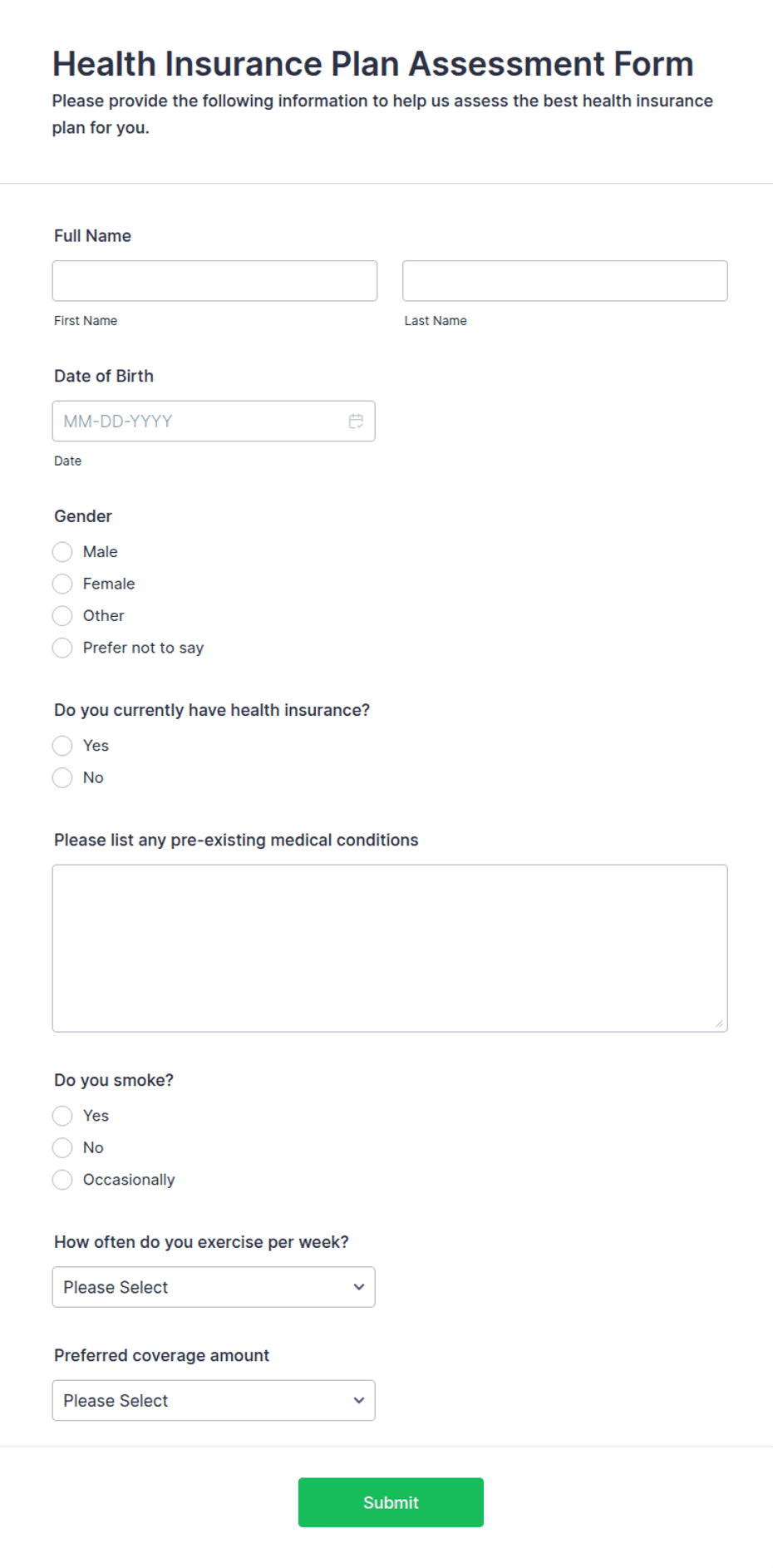 Health Insurance Plan Assessment Form Template | Jotform
