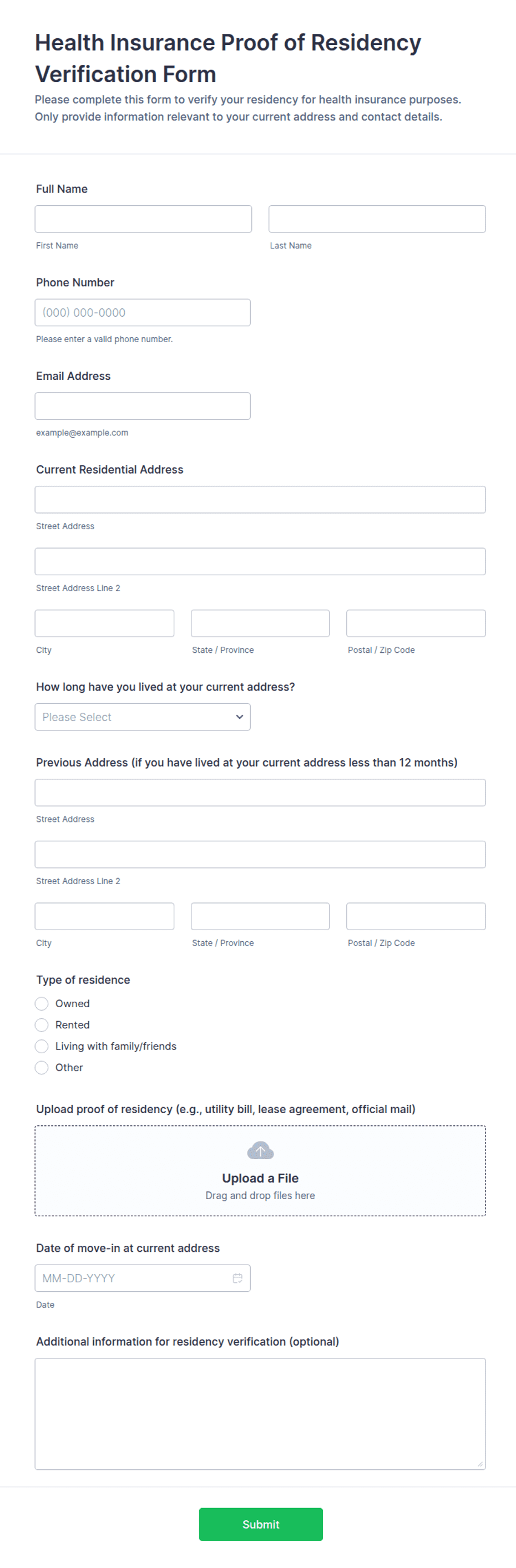 Health Insurance Proof of Residency Verification Form Template | Jotform