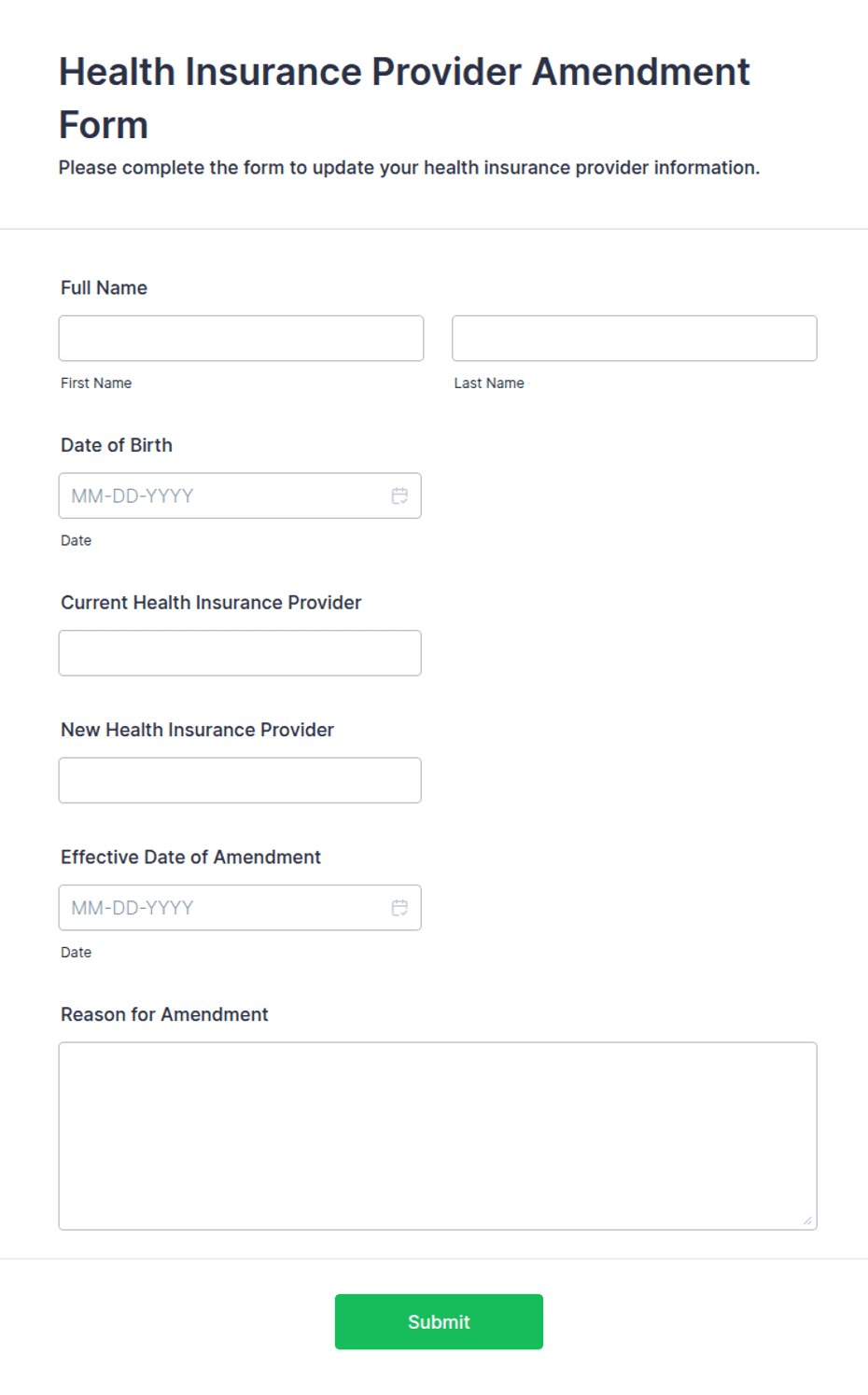 Health Insurance Provider Amendment Form Template | Jotform