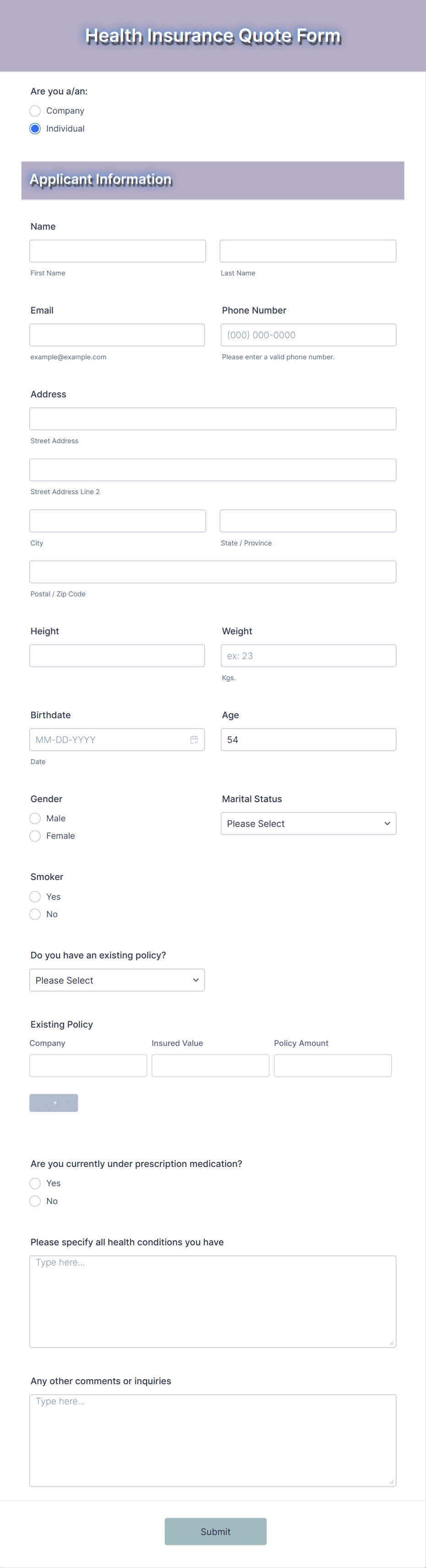 Health Insurance Quote Form Template | Jotform