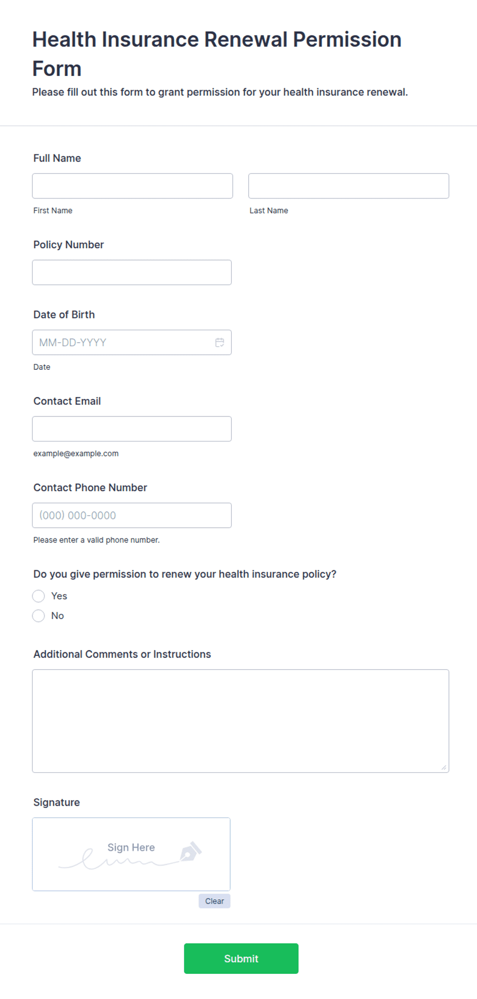 Health Insurance Renewal Permission Form Template | Jotform