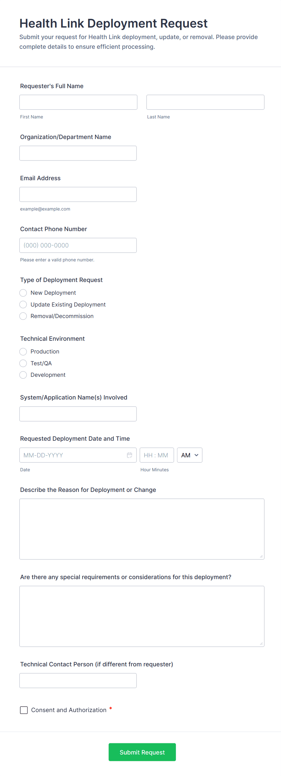 Health Link Deployment Request Form Template | Jotform