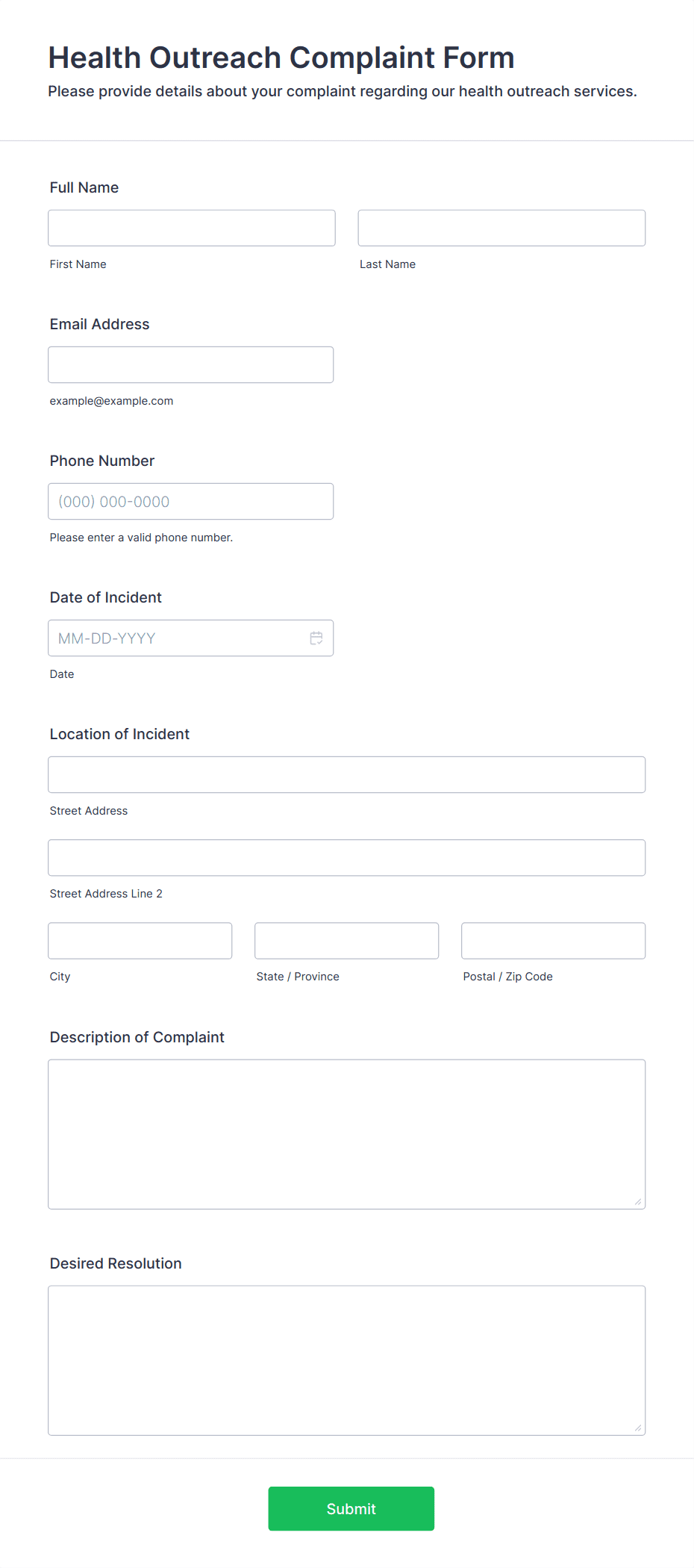 Health Outreach Complaint Form Template | Jotform