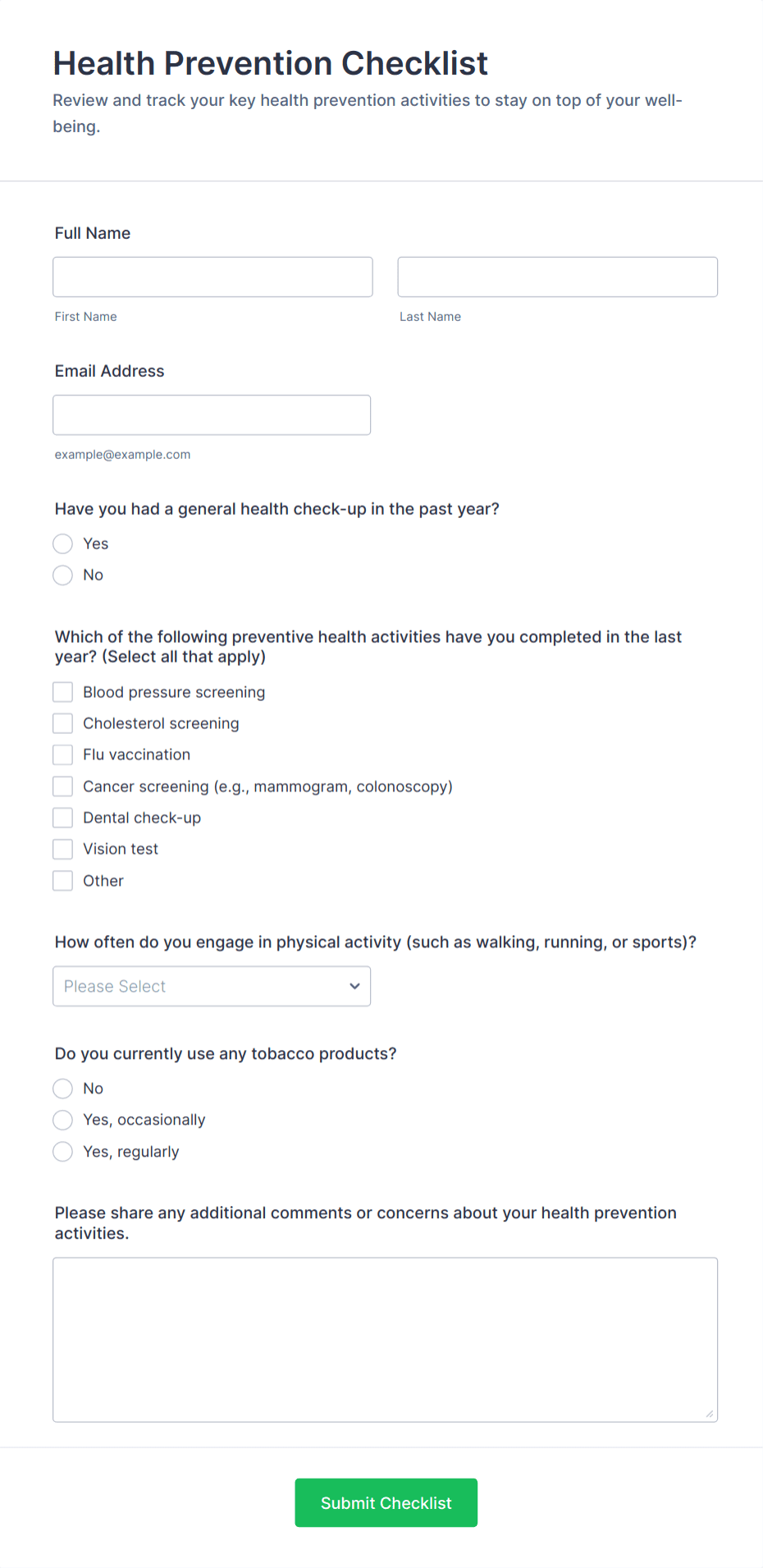 Health Prevention Checklist Form Template | Jotform