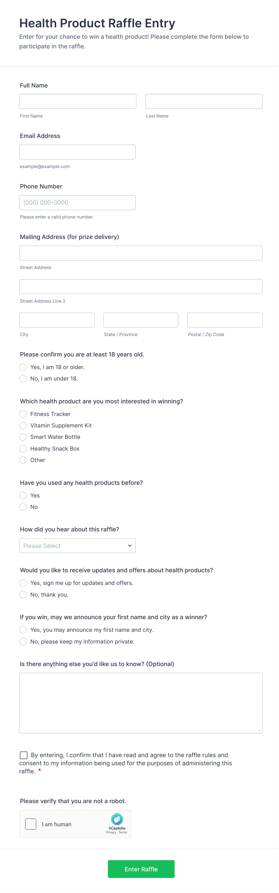 Health Product Raffle Entry Form Template | Jotform