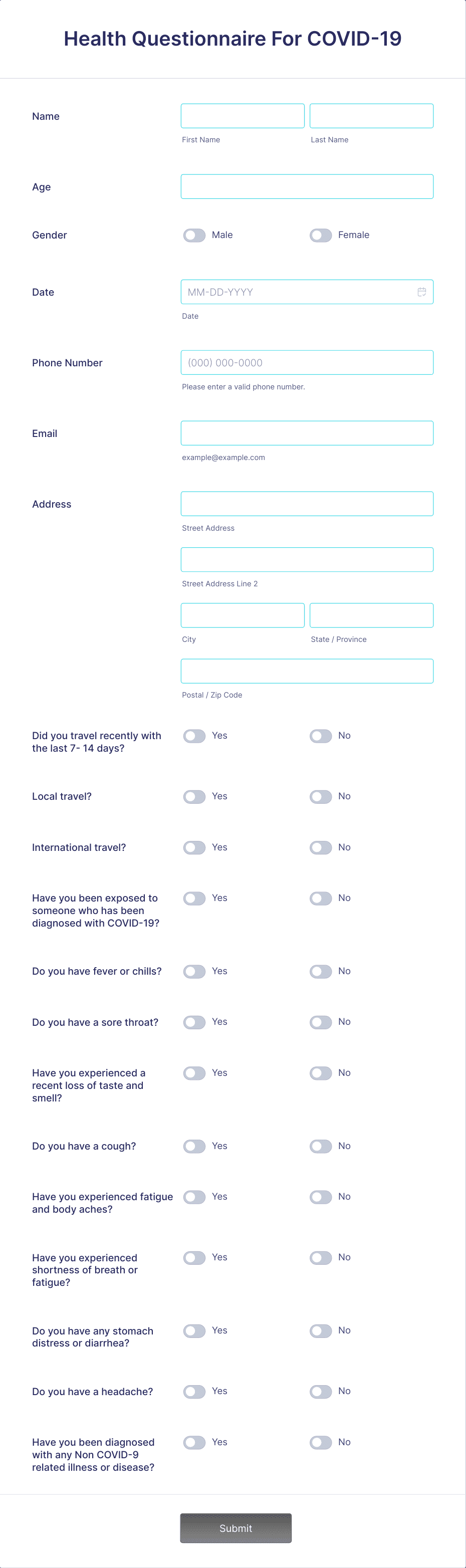 Health Questionnaire For COVID-19 Form Template | Jotform