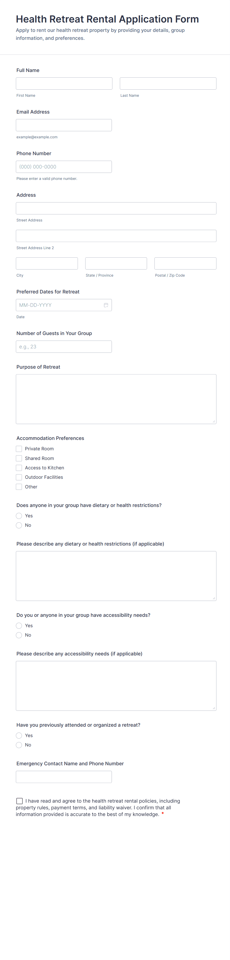 Health Retreat Rental Application Form Template | Jotform