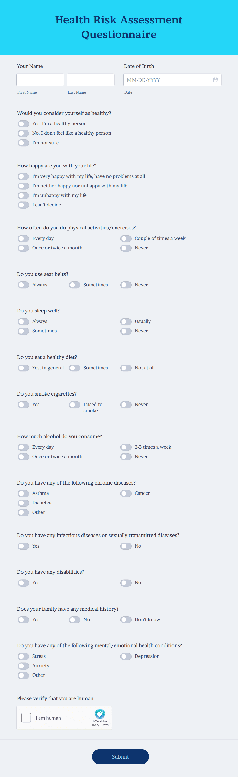 Health Risk Assessment Questionnaire Form Template | Jotform