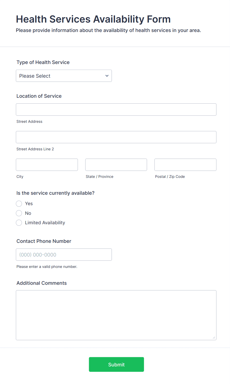 Health Services Availability Form Template | Jotform