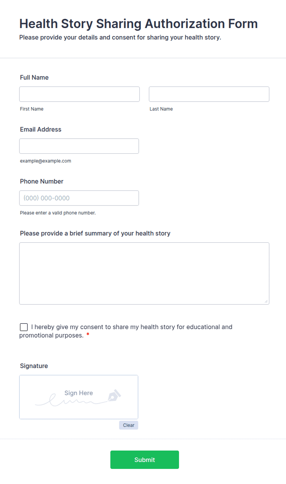 Health Story Sharing Authorization Form Template | Jotform