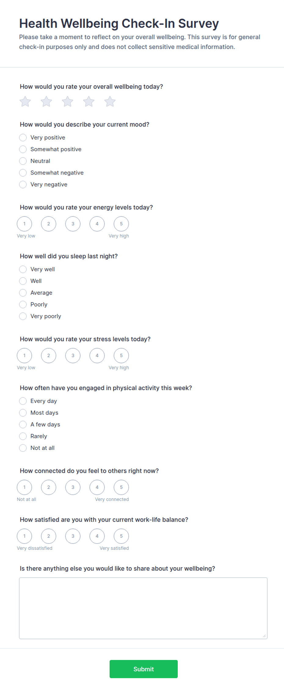 Health Wellbeing Check-In Survey Form Template | Jotform