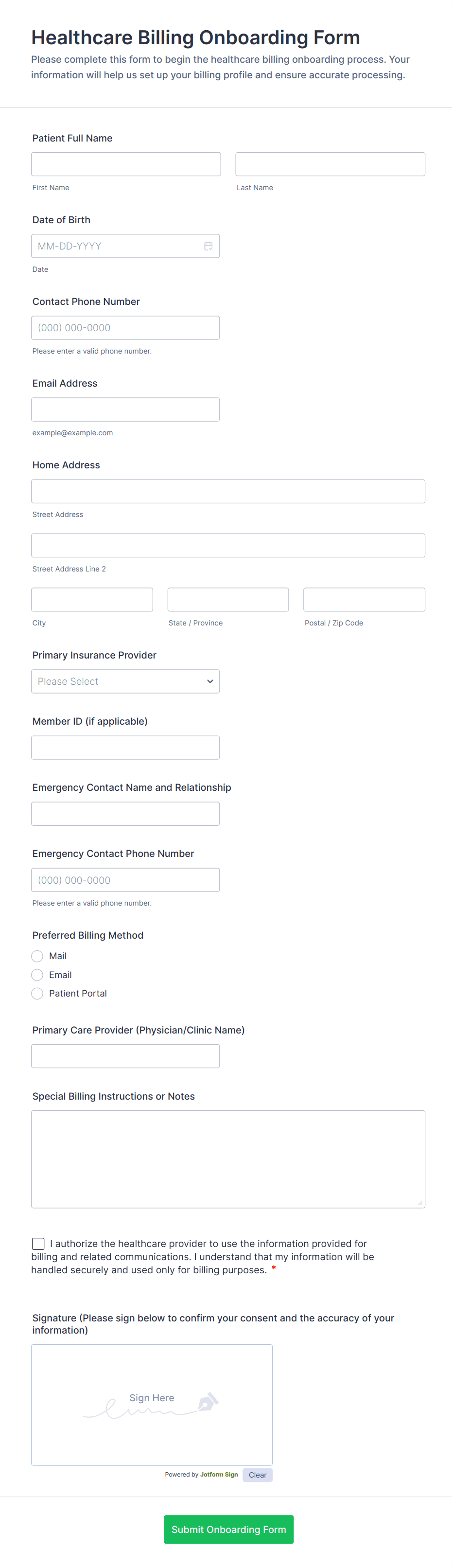 Healthcare Billing Onboarding Form Template | Jotform