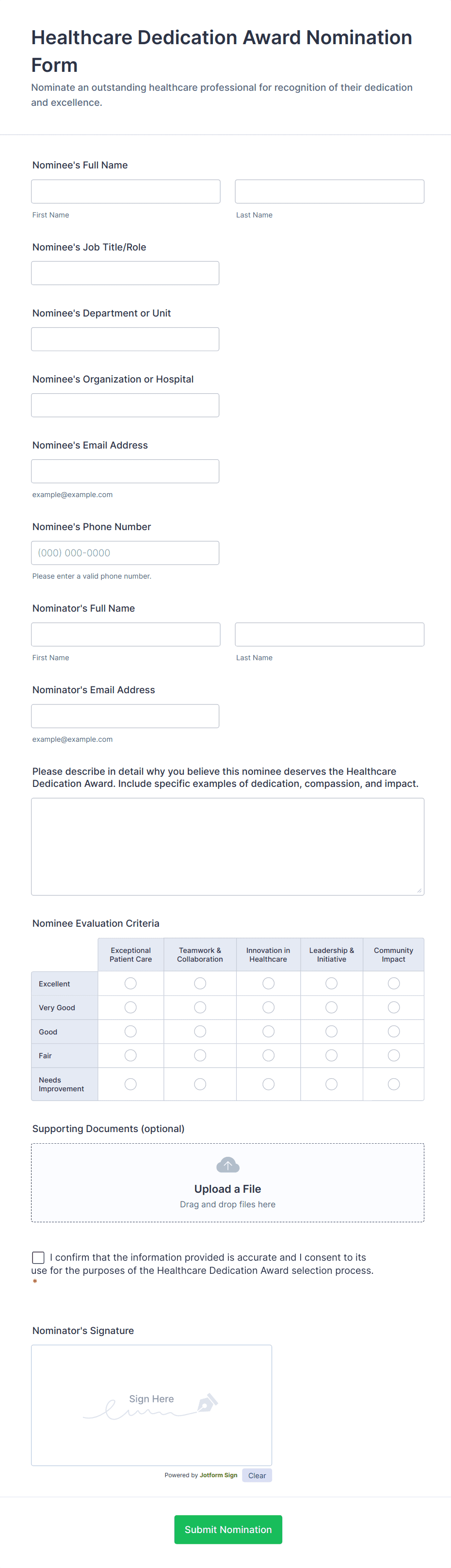 Healthcare Dedication Award Nomination Form Form Template | Jotform