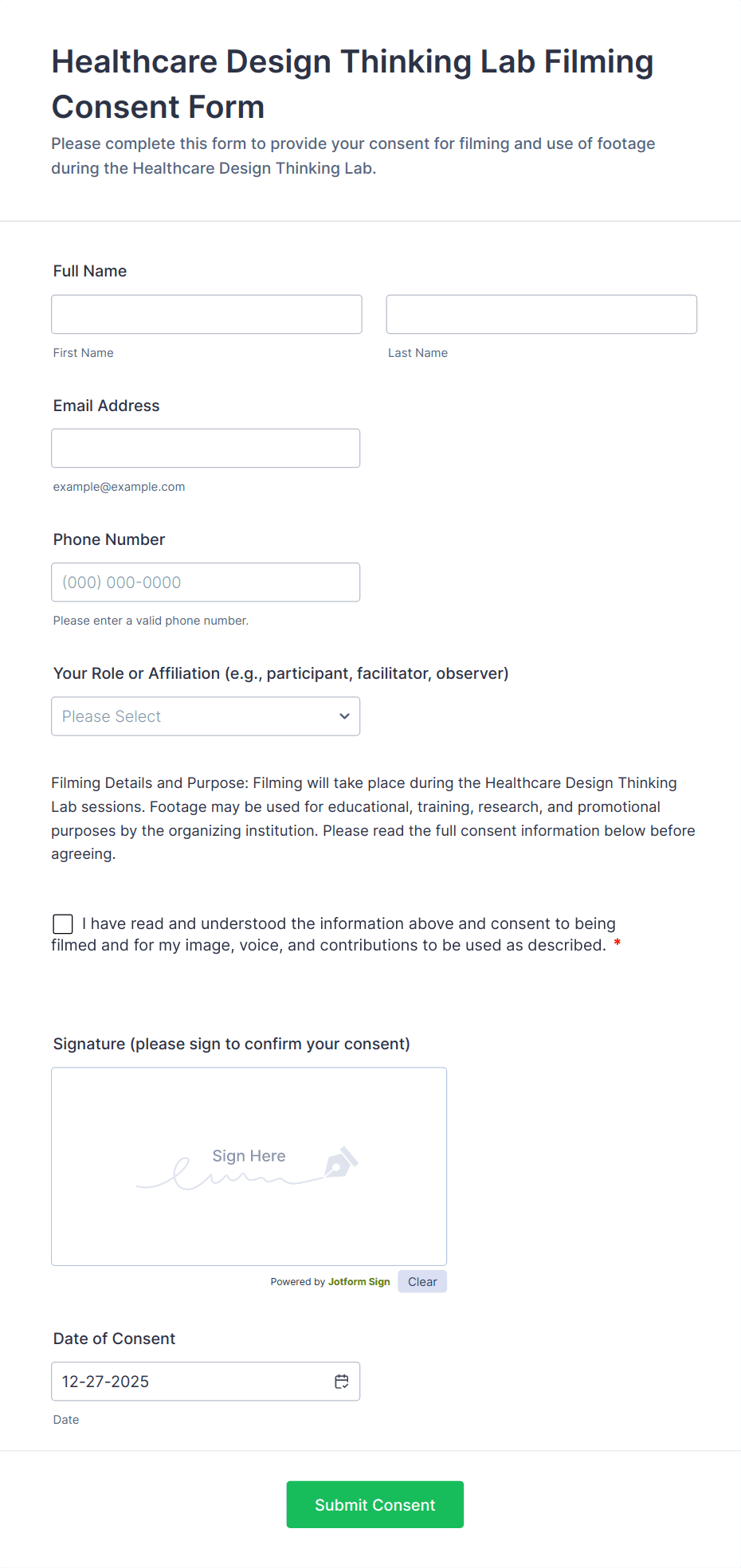 Healthcare Design Thinking Lab Filming Consent Form Template | Jotform