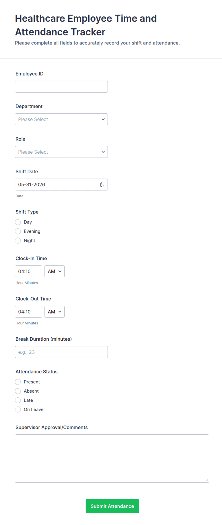Healthcare Employee Time and Attendance Tracker Form Template | Jotform