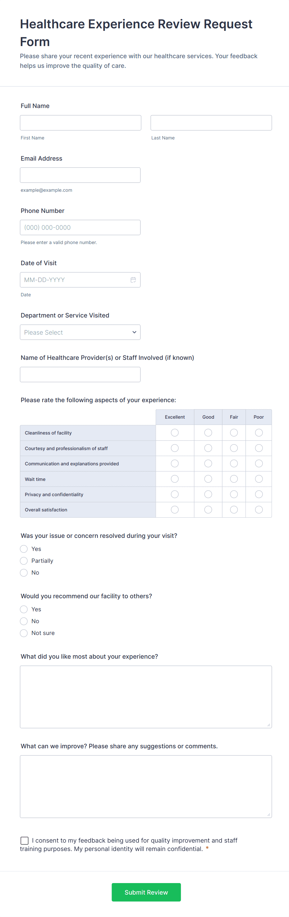 Healthcare Experience Review Request Form Template | Jotform