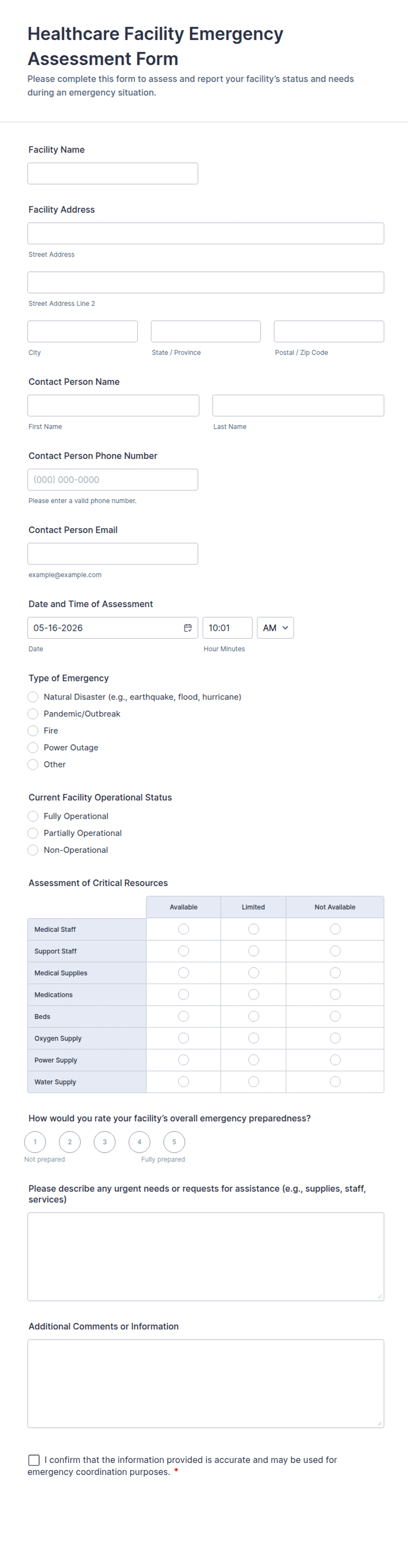 Healthcare Facility Emergency Assessment Form Template | Jotform
