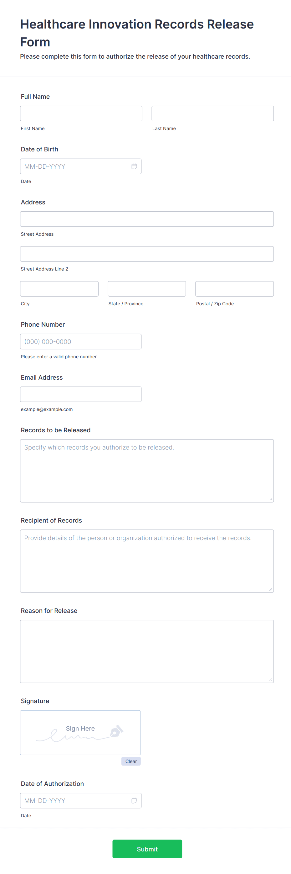 Healthcare Innovation Records Release Form Template | Jotform