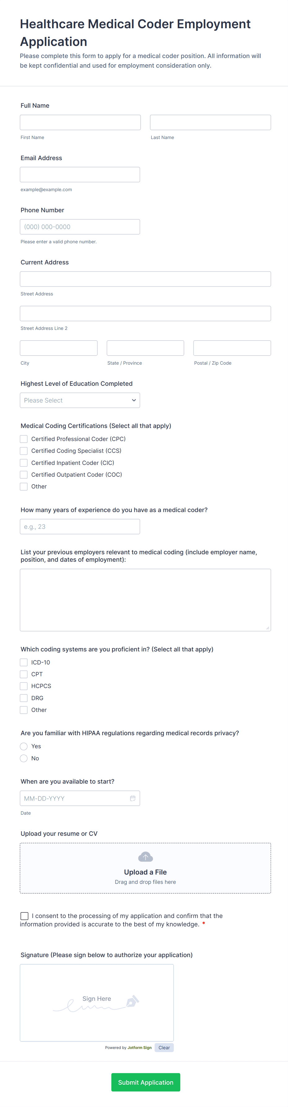 Healthcare Medical Coder Employment Application Form Template | Jotform