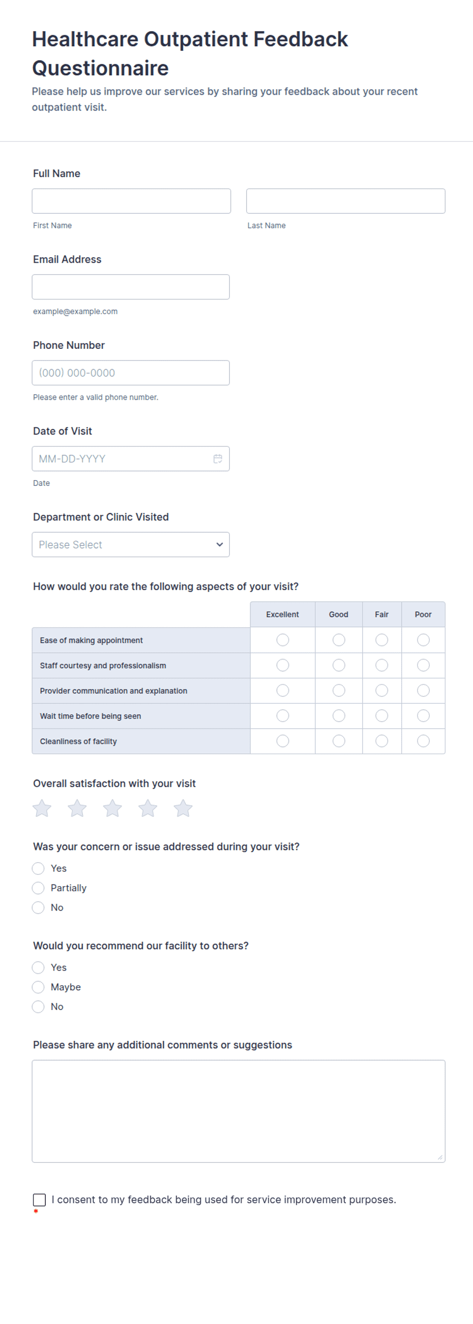 Healthcare Outpatient Feedback Questionnaire Form Template | Jotform