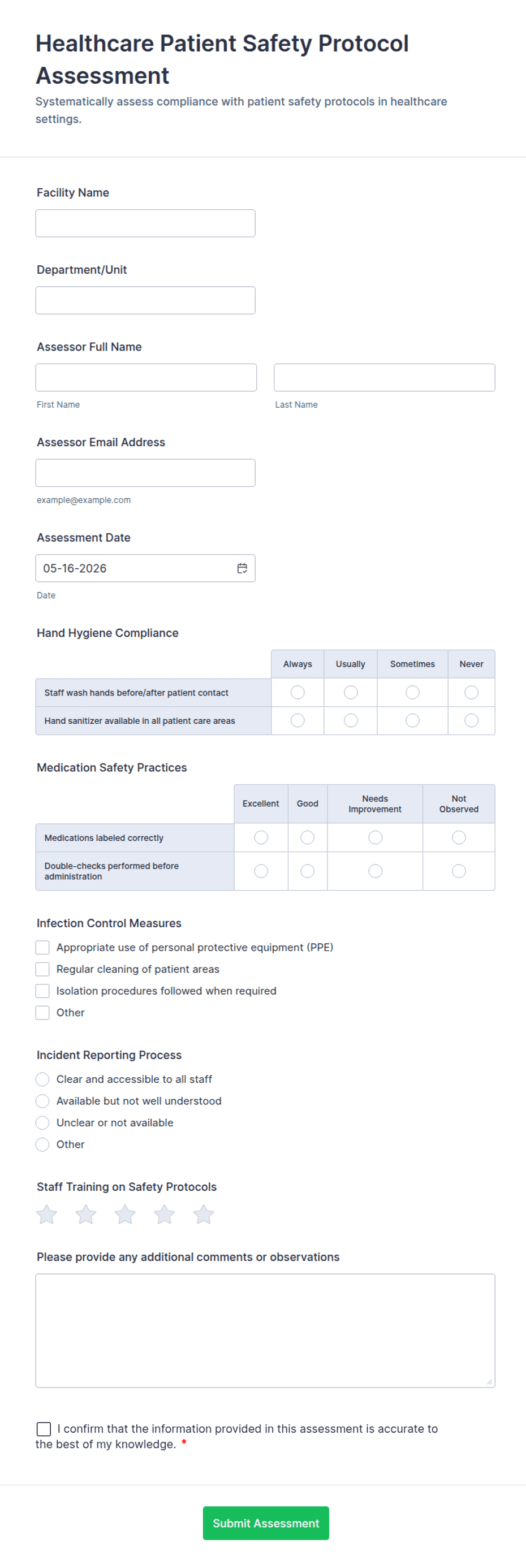 Healthcare Patient Safety Protocol Assessment Form Template | Jotform