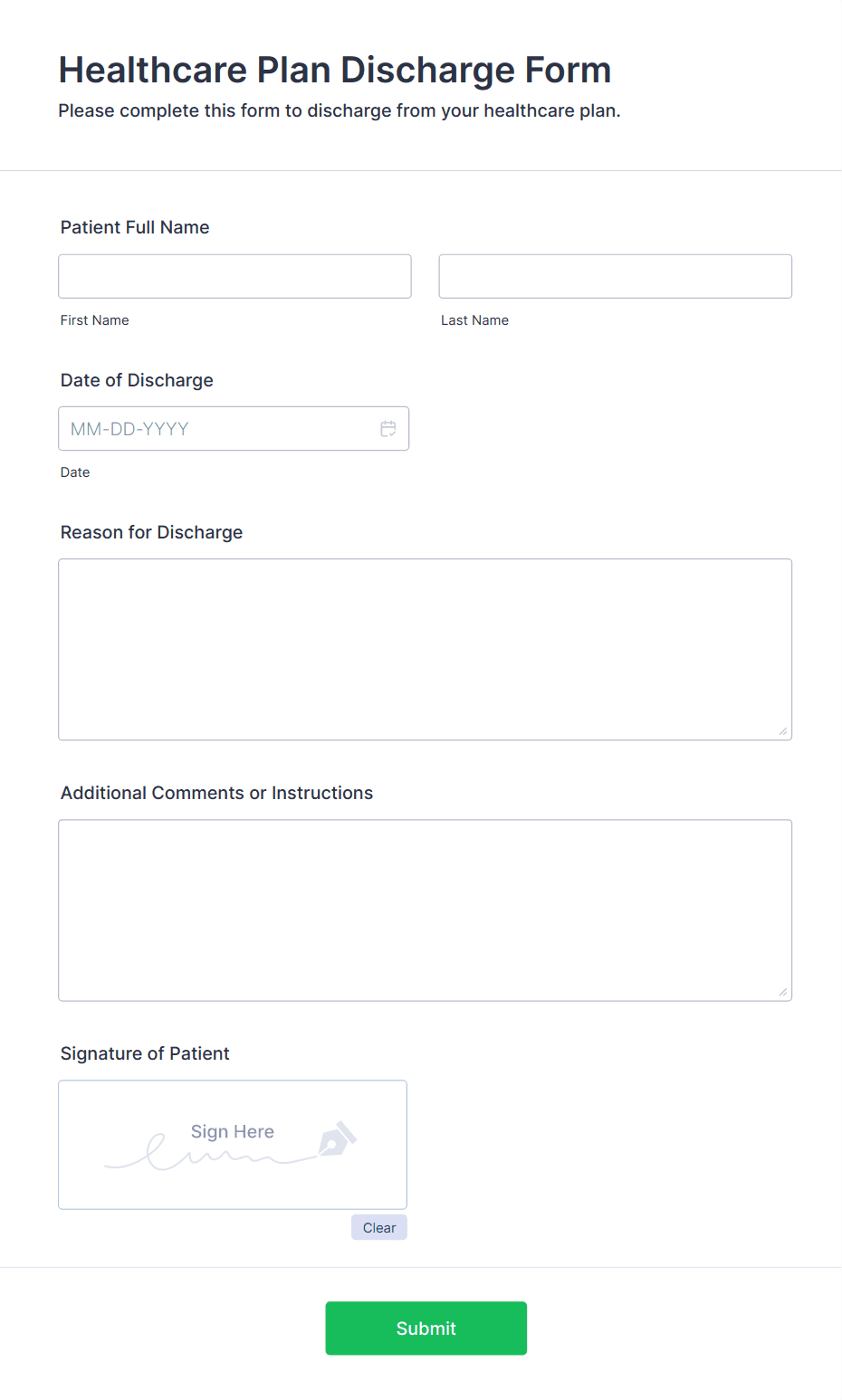 Healthcare Plan Discharge Form Template | Jotform