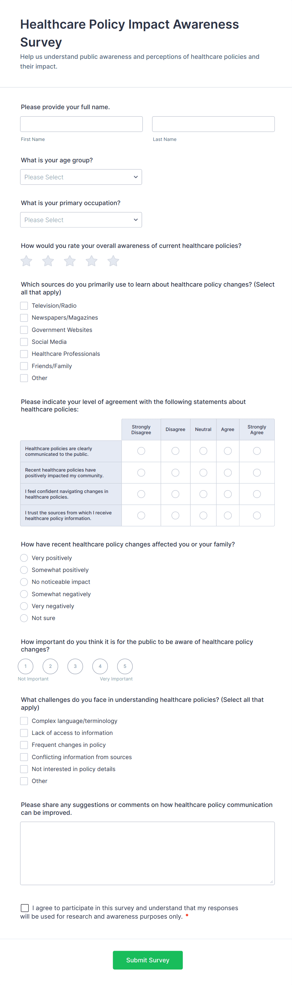 Healthcare Policy Impact Awareness Survey Form Template | Jotform