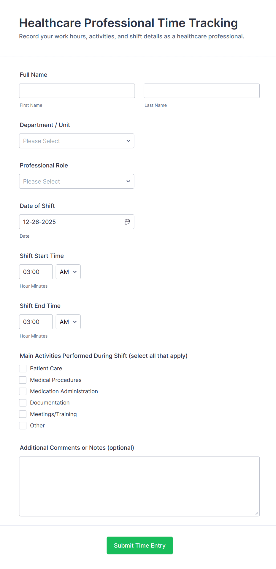 Healthcare Professional Time Tracking Form Template | Jotform
