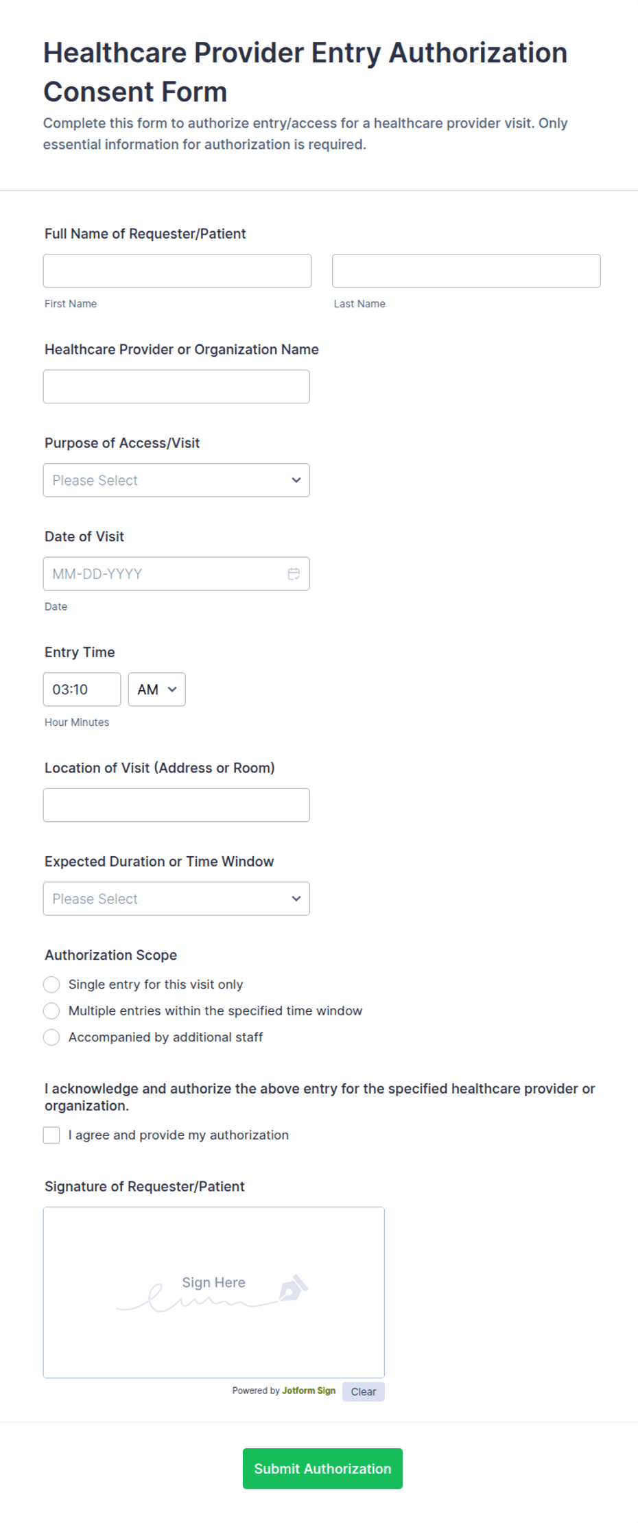 Healthcare Provider Entry Authorization Consent Form Template | Jotform