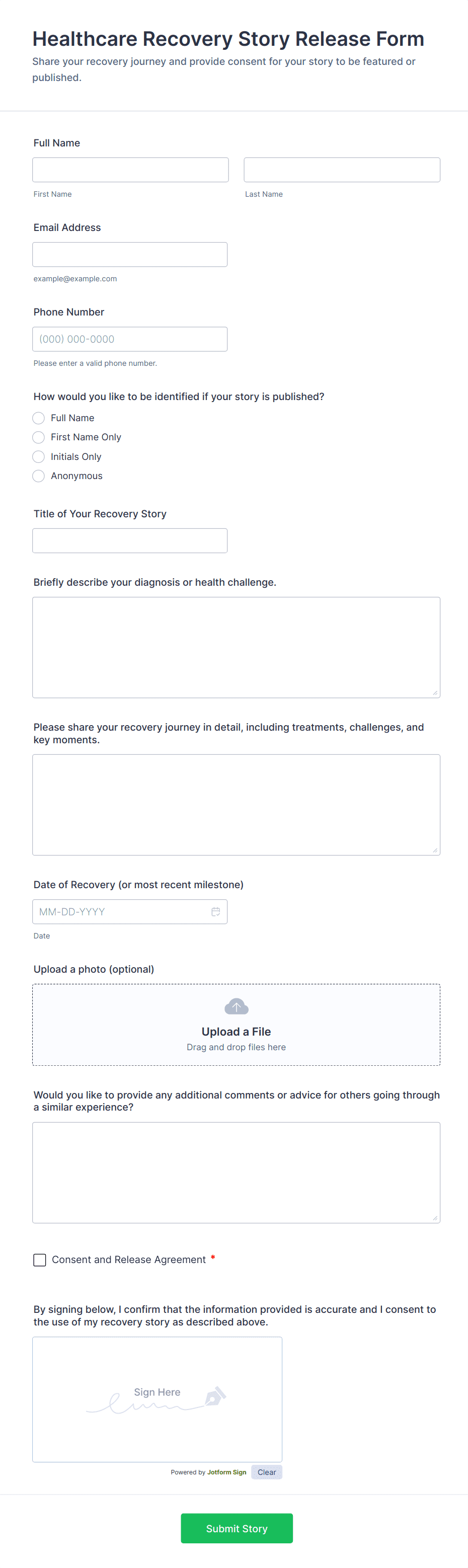 Healthcare Recovery Story Release Form Template | Jotform