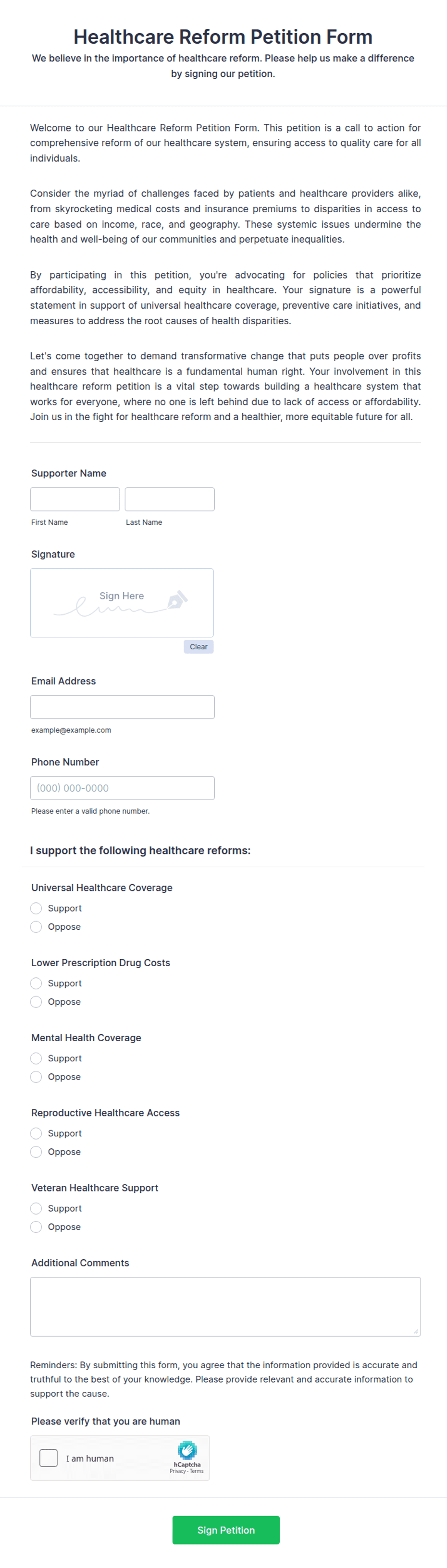 Healthcare Reform Petition Form Template | Jotform
