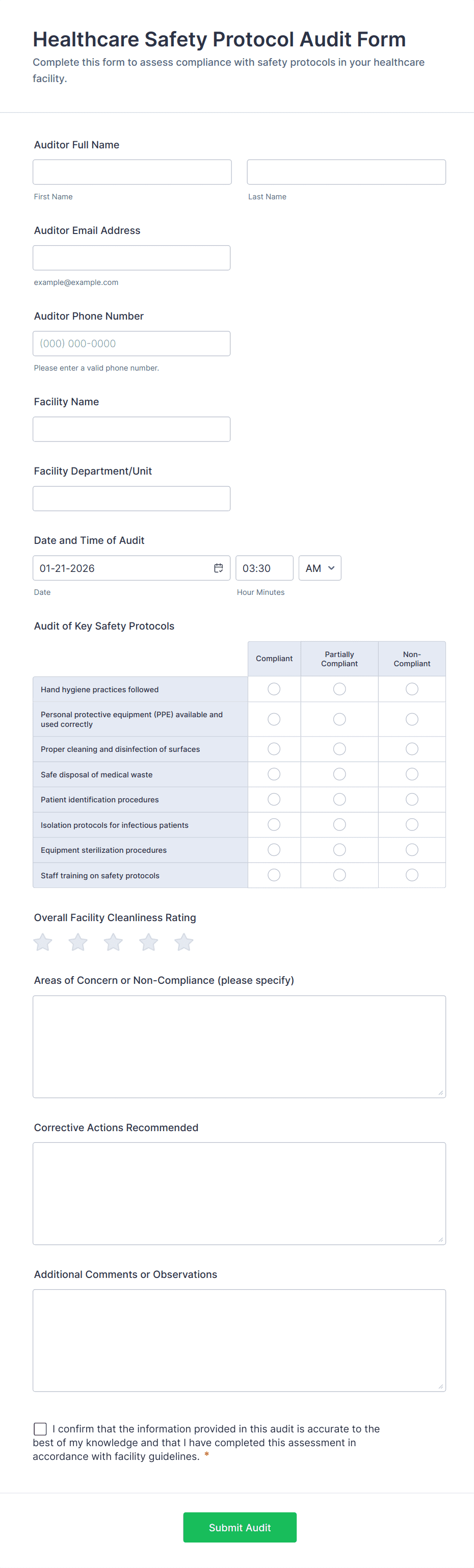 Healthcare Safety Protocol Audit Form Template | Jotform