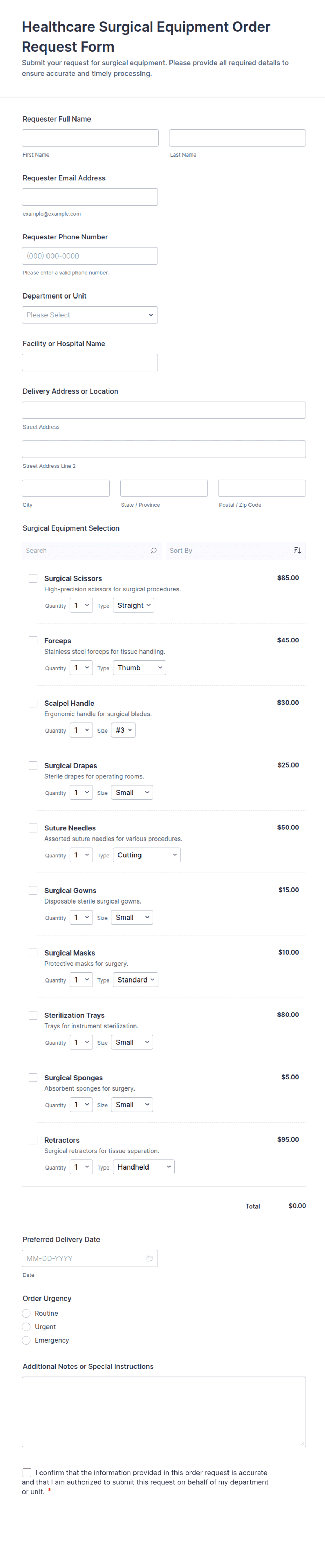 Healthcare Surgical Equipment Order Request Form Template | Jotform