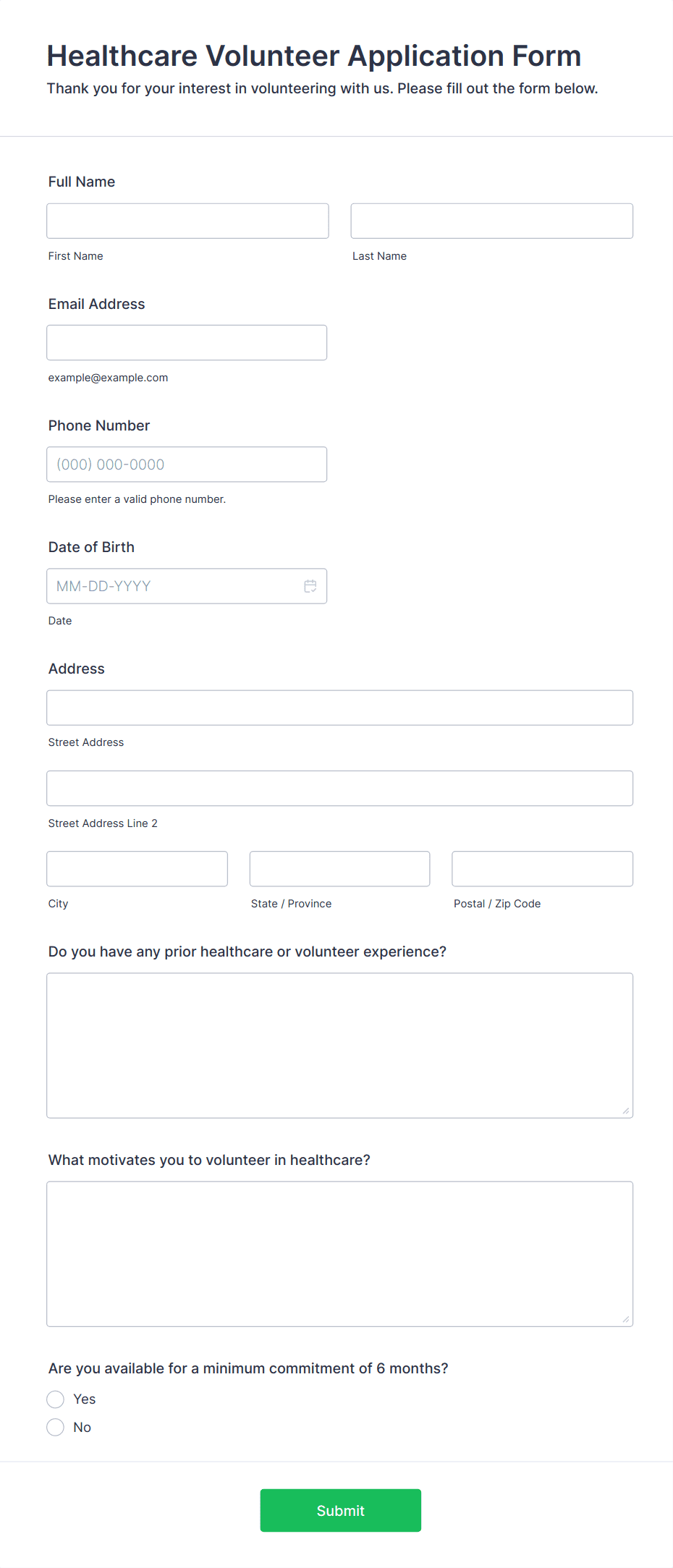 Healthcare Volunteer Application Form Template | Jotform