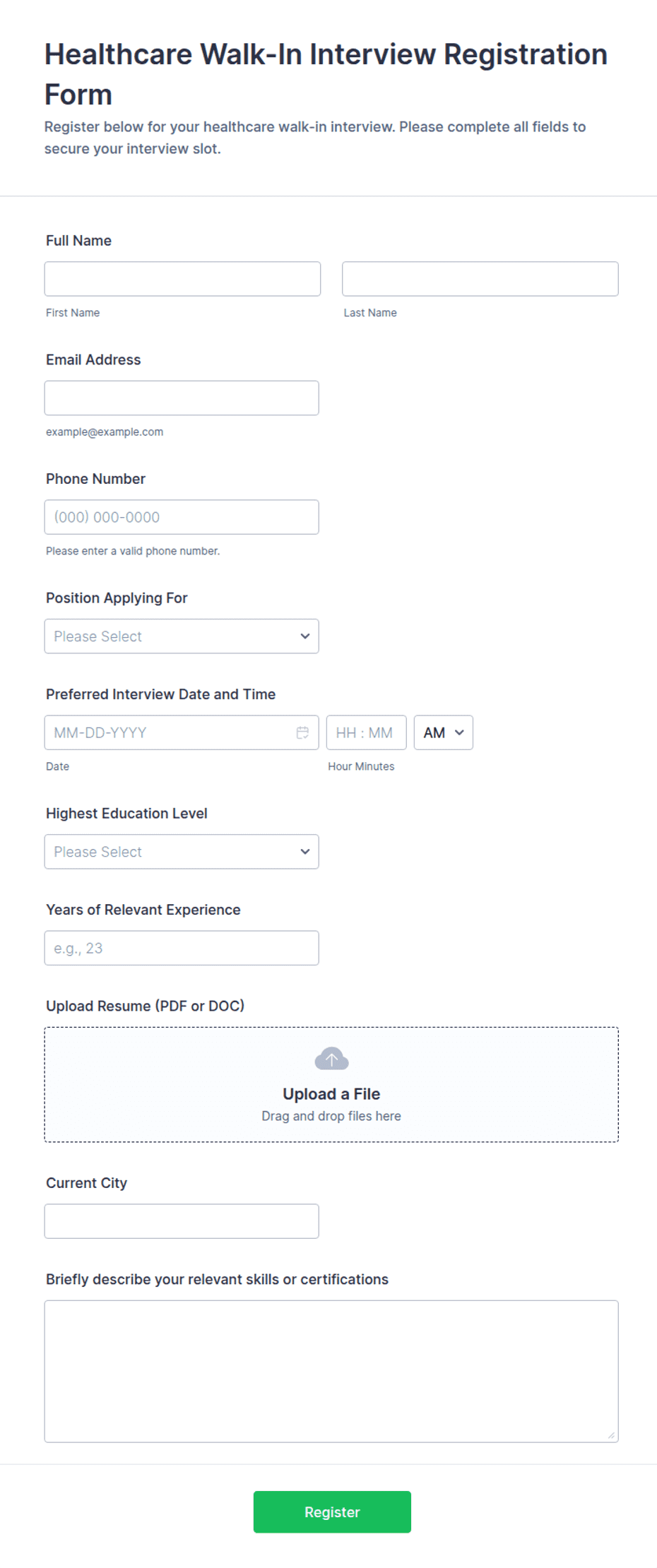 Healthcare Walk-In Interview Registration Form Template | Jotform